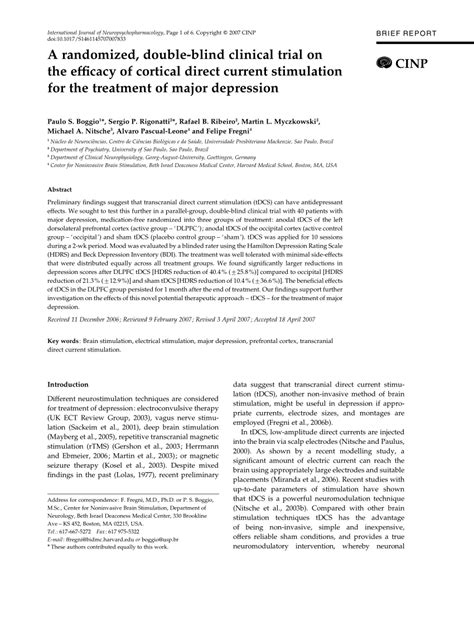 Pdf A Randomized Double Blind Clinical Trial On The Efficacy Of Cortical Direct Current