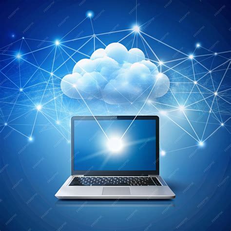 Cloud Computing Laptop Floating With Icon Network Connection On Blue Sky Background Premium Ai