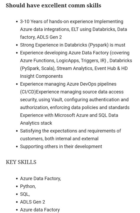 We Are Hiring Role Azure Data Engineer Location Remote Ctc 16