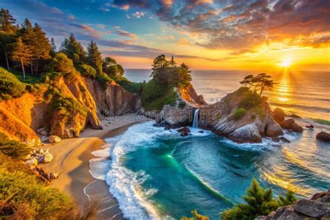 Mcway Falls At Sunset Big Sur California Usa Stock Illustration