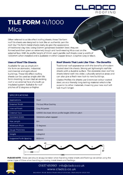 Cladco 411000 Tileform Steel Roofing Data Sheet Cladco Profiles Ltd
