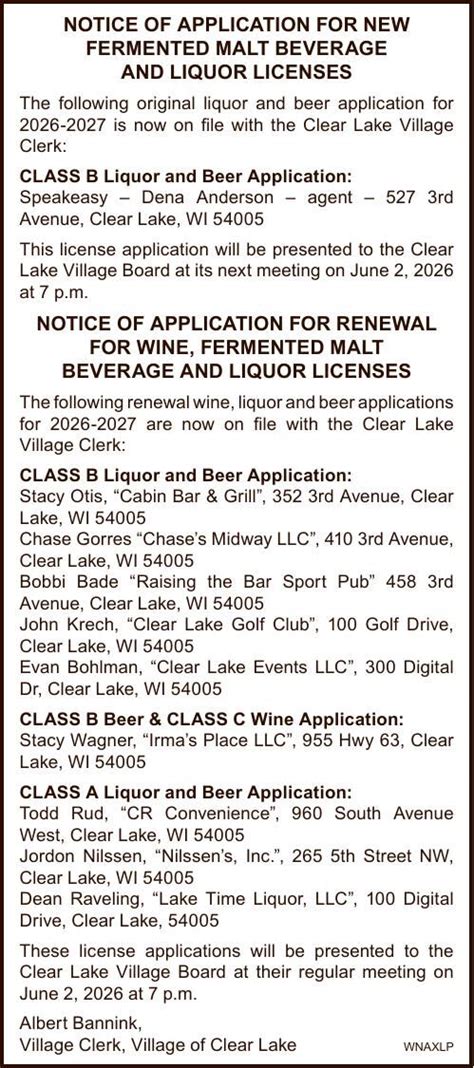 Village Of Clear Lake Liquor Licenses Public Notices