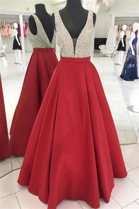 Red V Neck Beaded Satin Prom Dressred Backless Evening Dress On Luulla