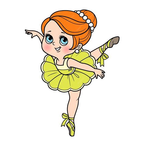 흰색 배경에 격리된 페이지를 색칠하기 위해 무성한 투투 색상 변형으로 한쪽 다리에서 춤을 추는 귀여운 만화 작은 발레리나 소녀