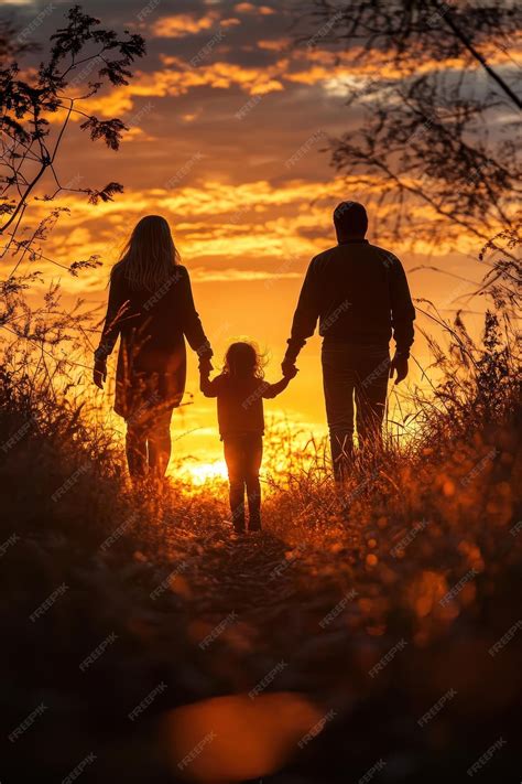 Família Caminhando De Mãos Dadas Ao Pôr Do Sol Na Natureza Silhueta De