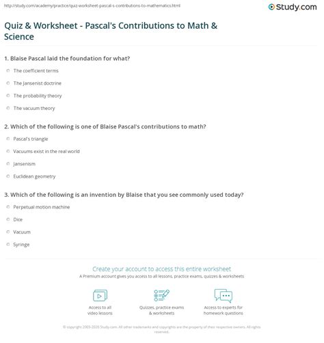 Quiz And Worksheet Pascals Contributions To Math And Science