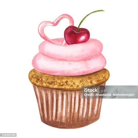 달콤한 마음과 체리로 장식 된 크림을 곁들인 컵 케이크 손으로 그린 수채화 그림입니다 엽서 초대장 해피 발렌타인 데이 가정 생활에 대한 스톡 벡터 아트 및 기타 이미지