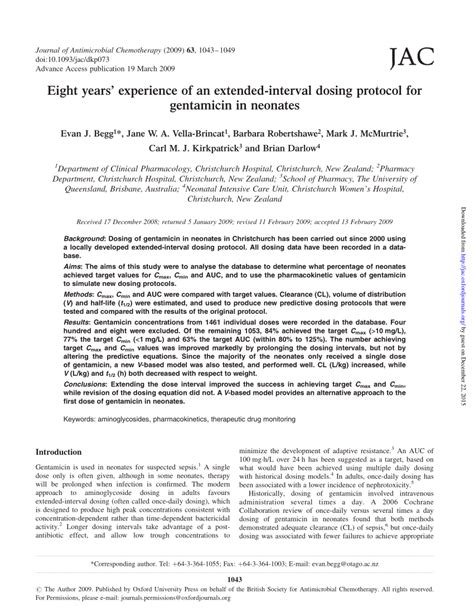 Pdf Eight Years Experience Of An Extended Interval Dosing Protocol For Gentamicin In Neonates