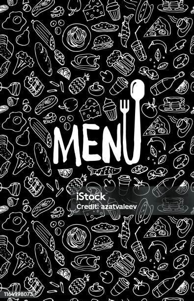 카페 레스토랑 메뉴 커버 디자인 템플릿입니다 제목 페이지 손으로 그려진 음식 낙서 윤곽 색 스케치 검은 무늬 벡터 요리 일러스트 고기에 대한 스톡 벡터 아트 및 기타 이미지