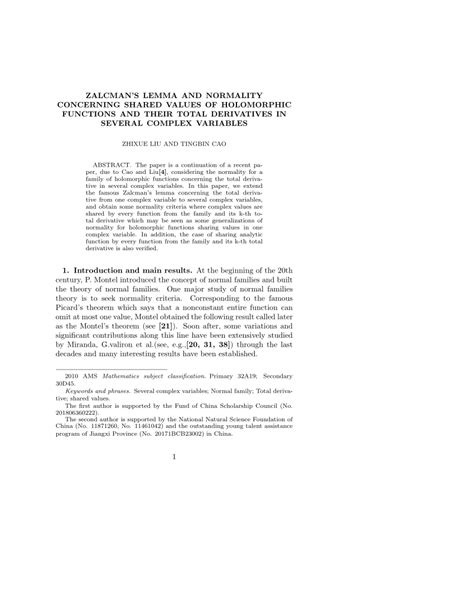 Pdf Zalcmans Lemma And Normality Concerning Shared Values Of Holomorphic Functions And Their
