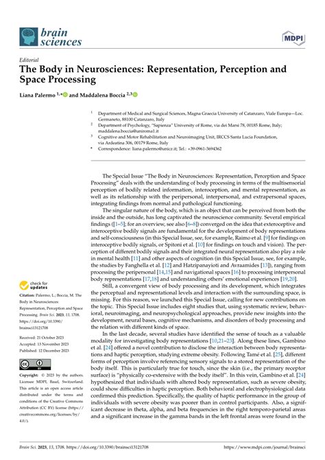 Pdf The Body In Neurosciences Representation Perception And Space