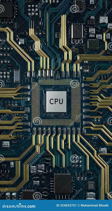 Advanced Circuit Board With Cpu And Intricate Components Golden Blue