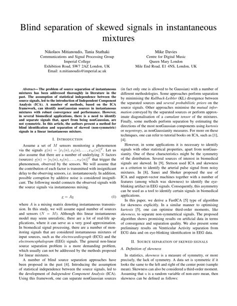 Pdf Blind Separation Of Skewed Signals In Instantaneous Mixtures