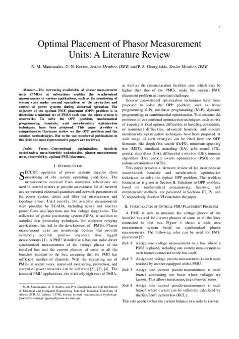 Pdf Optimal Placement Of Phasor Measurement Units A Literature Review