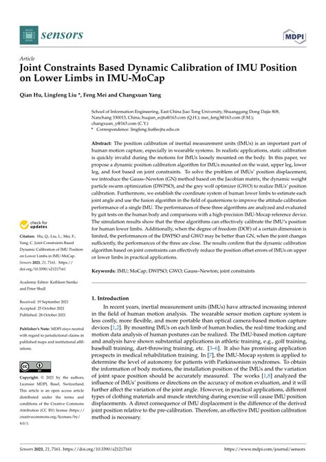PDF Joint Constraints Based Dynamic Calibration Of IMU Position On Lower Limbs In IMU MoCap