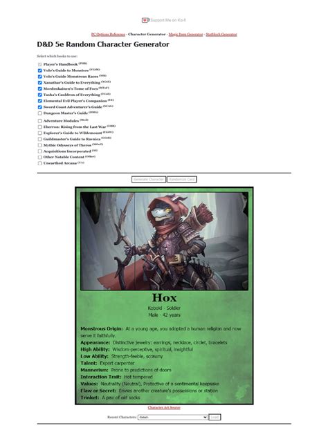 Dandd 5e Random Character Generator Pc Options Reference Magic Item