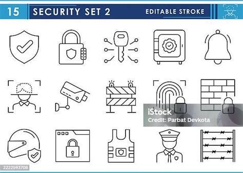 보안과 관련된 선 아이콘 집합입니다 방패 자물쇠 얼굴 인식 Cctv 헬멧 방화벽 조끼 지문 장벽 등 벡터 편집 가능한 획 가상현실에 대한 스톡 벡터 아트 및 기타 이미지