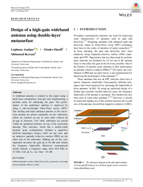 Pdf Design Of A High‐gain Wideband Antenna Using Double‐layer Metasurface