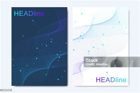 브로셔 커버 배너 전단지 연례 보고서 및 전단지에 대 한 최신 벡터 템플릿입니다 연결 선과 점으로 추상적인 예술 작품 웨이브 흐름 디지털 기술 과학 또는 의료 개념 0명에