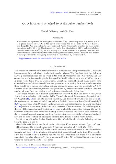 Pdf On Invariants Attached To Cyclic Cubic Number Fields