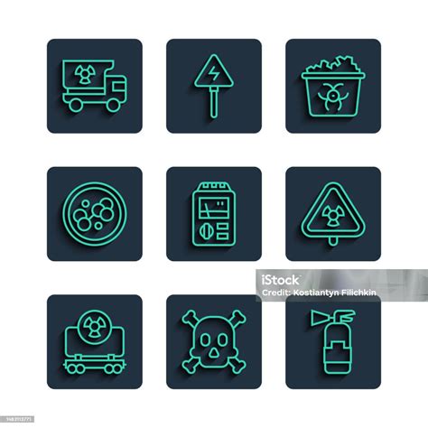 라인 방사능 화물 열차 뼈 및 두개골 경고 소화기 감염성 폐기물 선량계 분자 방사선 물질이 있는 트럭 및 삼각형 아이콘을