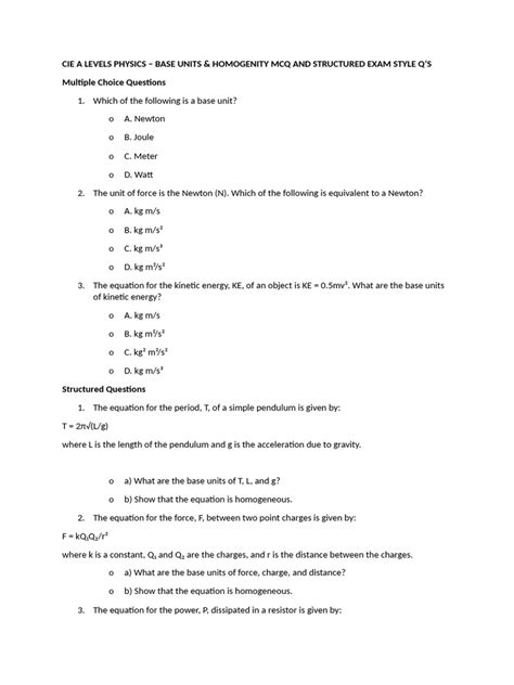 Cie A Levels Physics Base Units And Homogenity Pdf