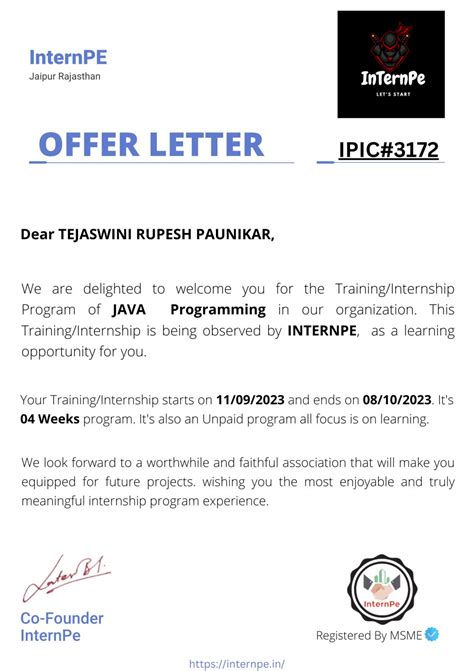 Tejaswini Paunikar On Linkedin I Am Glad To Share That I Got An Internship Offer Letter From