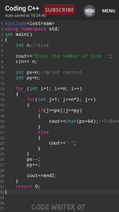best c pattern program tutorial video 💯🧠 codewriter07 coding