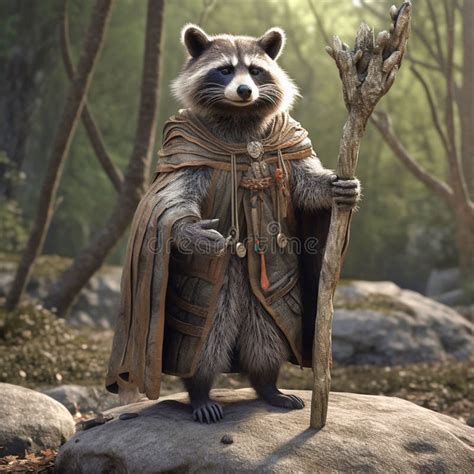 Full Body Front View Of A Raccoon Shaman Holding A Long Staff