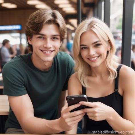 Couple Sharing Phone Content At Booth Stable Diffusion Online