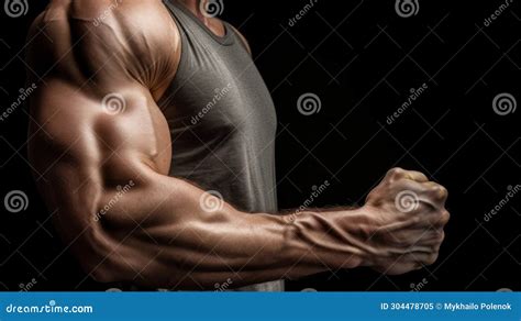 Tense Arm Clenched Into Fist Veins Bodybuilder Muscles On A Dark Background Neural Network Ai