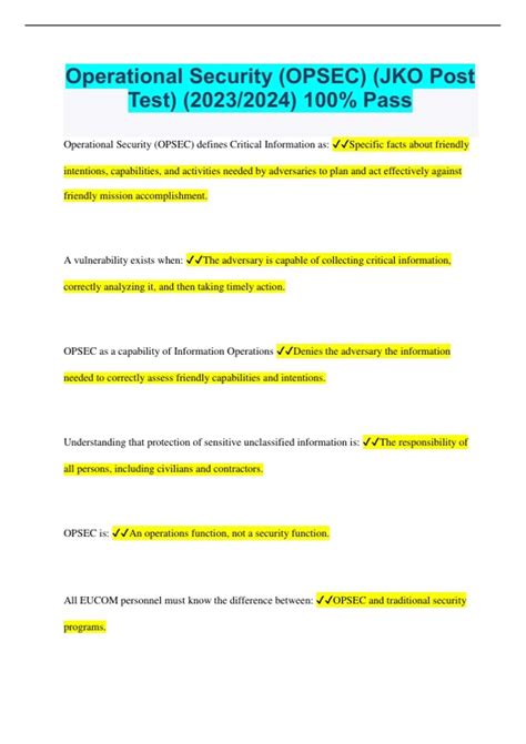 Operational Security Opsec Jko Post Test 2023 2024 100 Pass