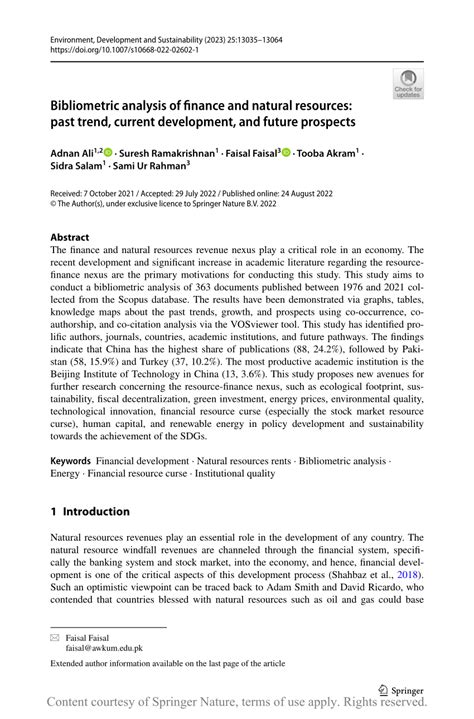 Bibliometric Analysis Of Finance And Natural Resources Past Trend Current Development And