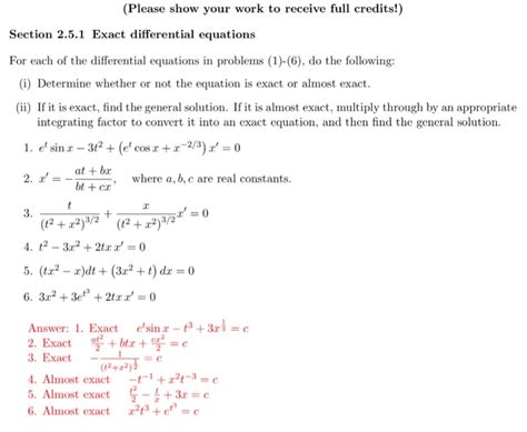 Solved Exact Differential Equations For Each Of The
