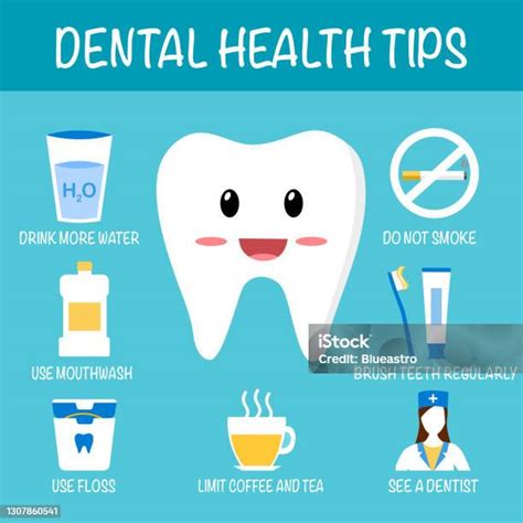 파란색 배경에 평면 디자인의 건강한 치아 인포그래픽을위한 치과 치료 팁 치과 건강 팁 만화 개념 만화에 대한 스톡 벡터 아트 및 기타 이미지 Istock