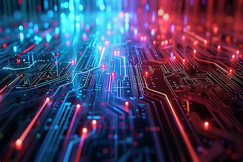 Futuristic Data Stream Visualization With Glowing Blue And Red Neon Lights On A Circuit Board