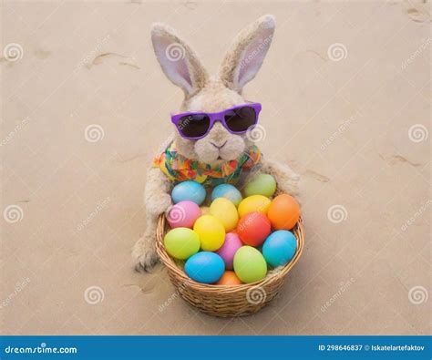 Easter Bunny Hides Colorful Eggs In The Forest Clearing Around Him Are