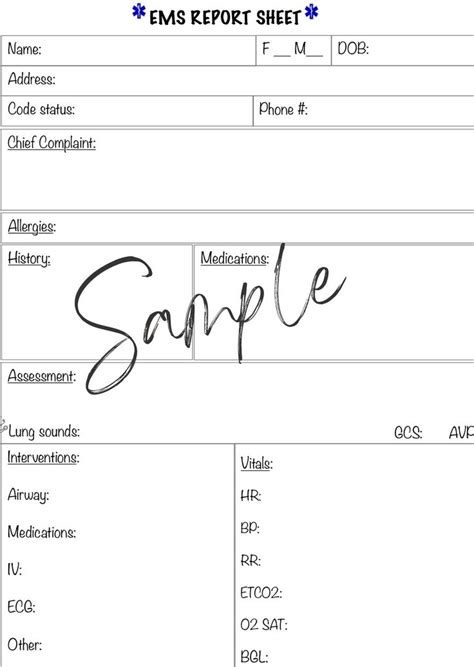 Paramedic Ems Printable Pdf Report Sheet Emergency Medical Services