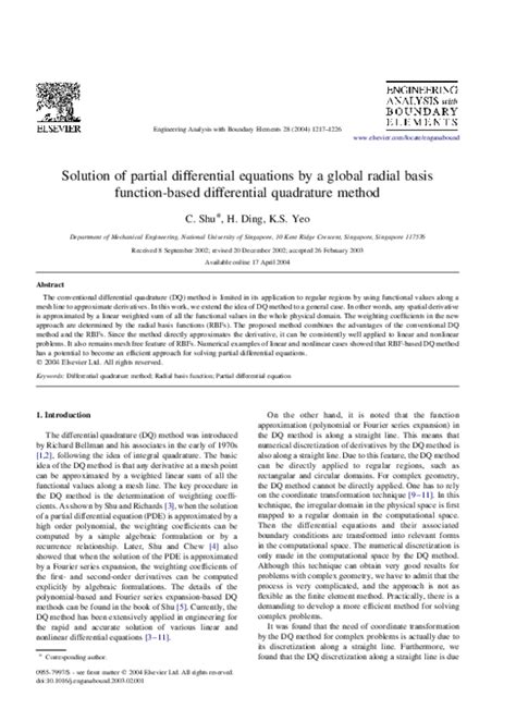 Pdf Solution Of Partial Differential Equations By A Global Radial Basis Function Based