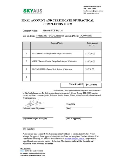 Skyaus Final Account And Certificate Of Practical Completion Form V3 Pdf