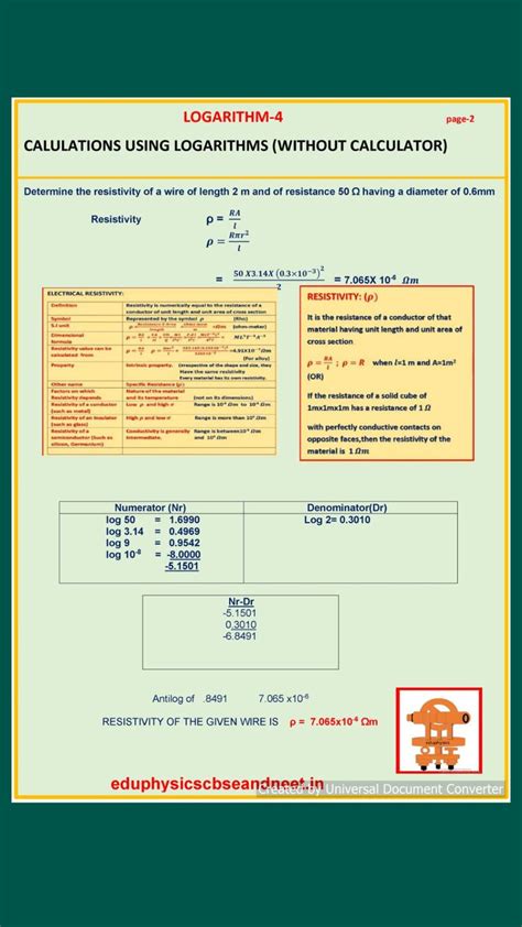CALCULATION USING LOGARITHM WITHOUT A CALCULATOR Numerator Denominator Physics