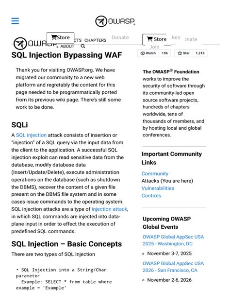 Sql Injection Bypassing Waf Owasp Foundation Pdf Databases Data Management Software