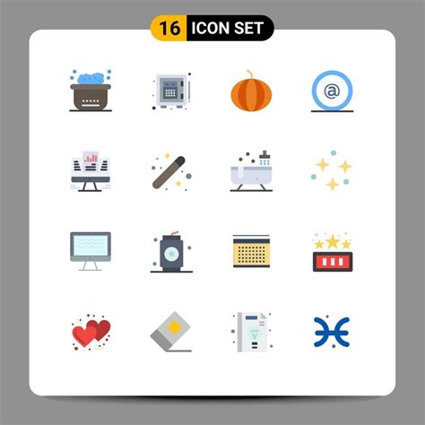 Mobile Interface Flat Color Set Of 16 Pictograms Of Computer Presentation Pumpkin Report Id