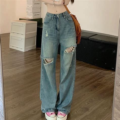 Swan Shop ☘️กางเกงยีนส์ขายาวขัดขาดเอวสูง ขากระบอกใหญ่ วินเทจ ทรงสวย พร้อมส่งค่ะ Shopee Thailand