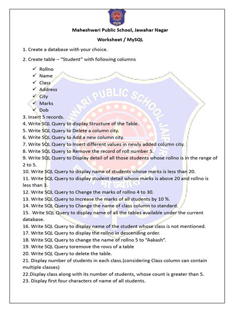 Mysql Worksheet 2024 25 Pdf Computers Mysql Worksheet 2024 25 Pdf Computers