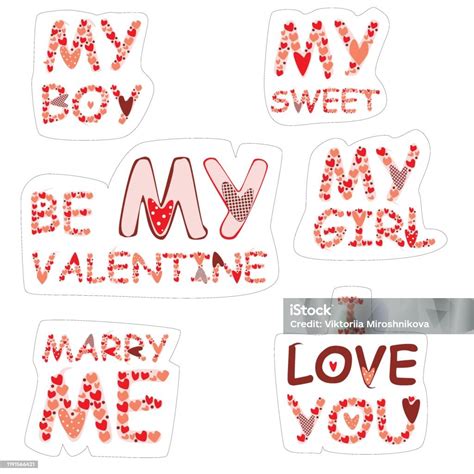 흰색 배경에 고립 된 마음으로 귀여운 문자 발렌타인 데이 또는 내가 당신을 사랑하는 단어와 결혼식 스티커 세트와 로맨틱 벡터 스톡 일러스트 나와 결혼 내 달콤한 2월에 대한
