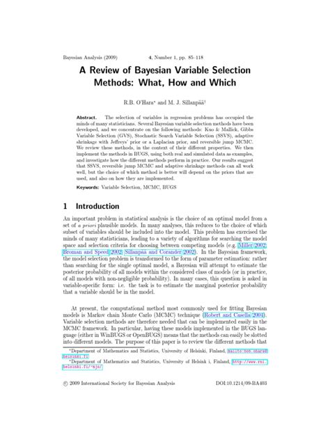 A Review Of Bayesian Variable Selection Pdf Dependent And