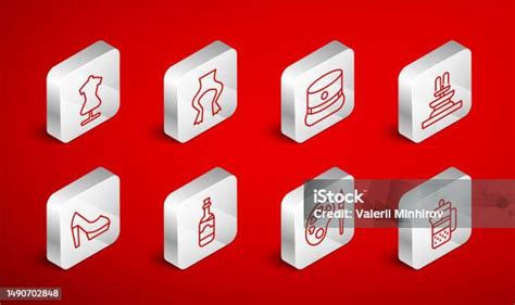 세트 라인 프렌치 프레스 개구리 다리 케피 분수 팔레트가 있는 페인트 브러시 마네킹 와인 병 및 여성 신발 아이콘 벡터 3차원 형태에 대한 스톡 벡터 아트 및 기타 이미지