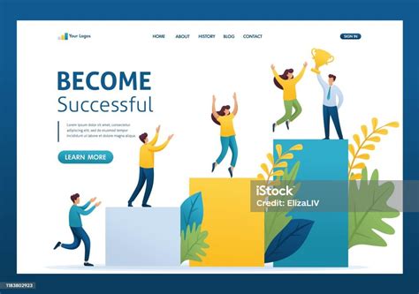 젊은 기업가 프로젝트를 시작 성공적인 사업 성공에 사다리 플랫 2d 문자입니다 방문 페이지 개념 및 웹 디자인 0명에 대한 스톡