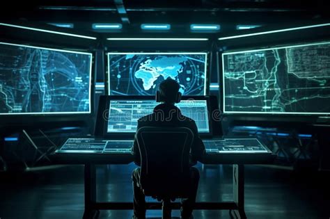 Programmer Working Is On Computers With Multiple Monitors Back View Generative Ai Stock